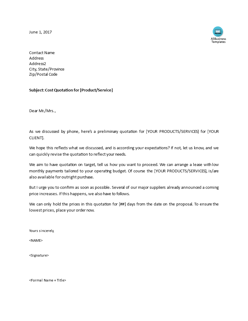  Sales Letter For A Cost Quotation Allbusinesstemplates
