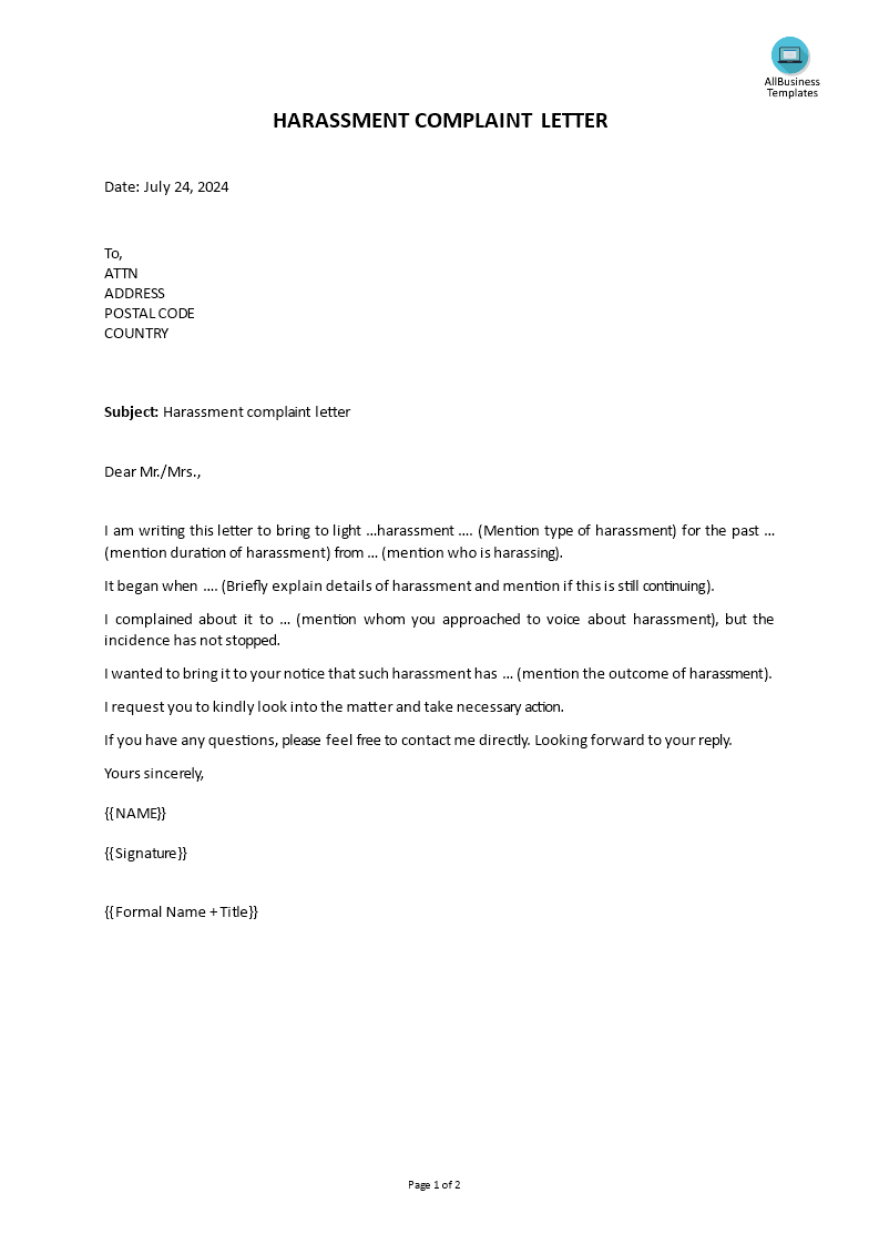 Harassment Complaint Letter | Templates at allbusinesstemplates.com