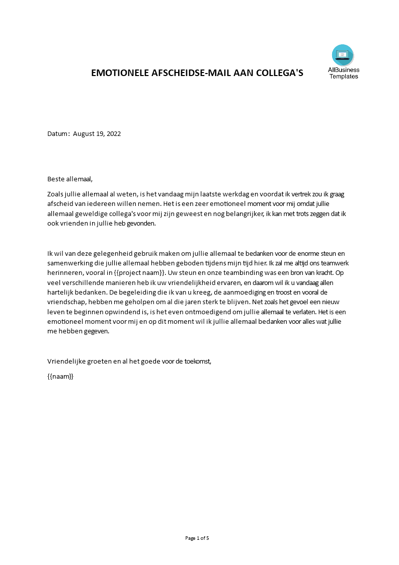 Emotioneel Afscheid Email Aan Collega's | Templates at ...