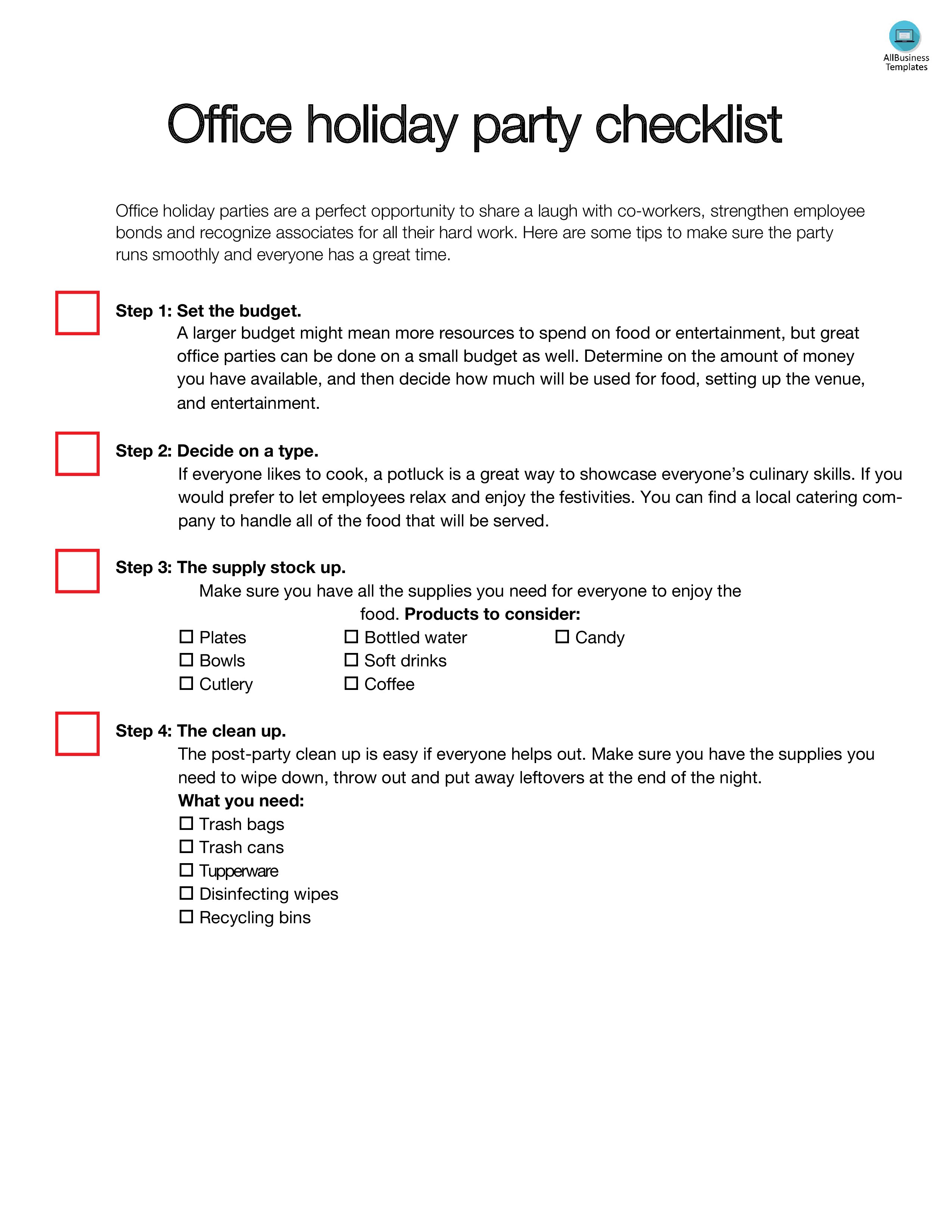 Office Holiday Party Checklist | Templates at allbusinesstemplates.com