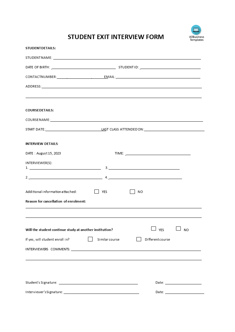 Student Exit Interview Form | Templates at allbusinesstemplates.com