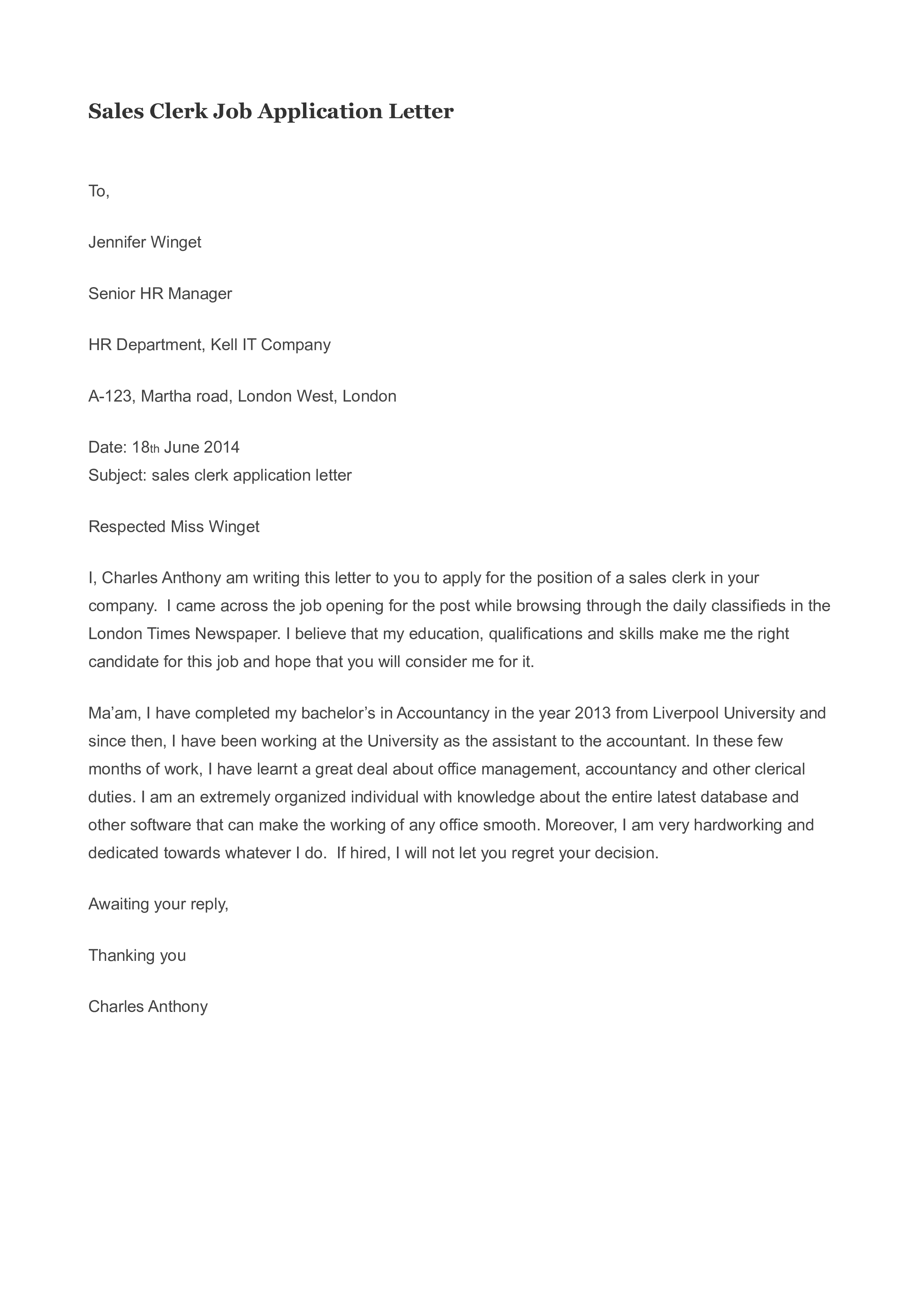 Sales Clerk Job Application Letter Templates At Allbusinesstemplates