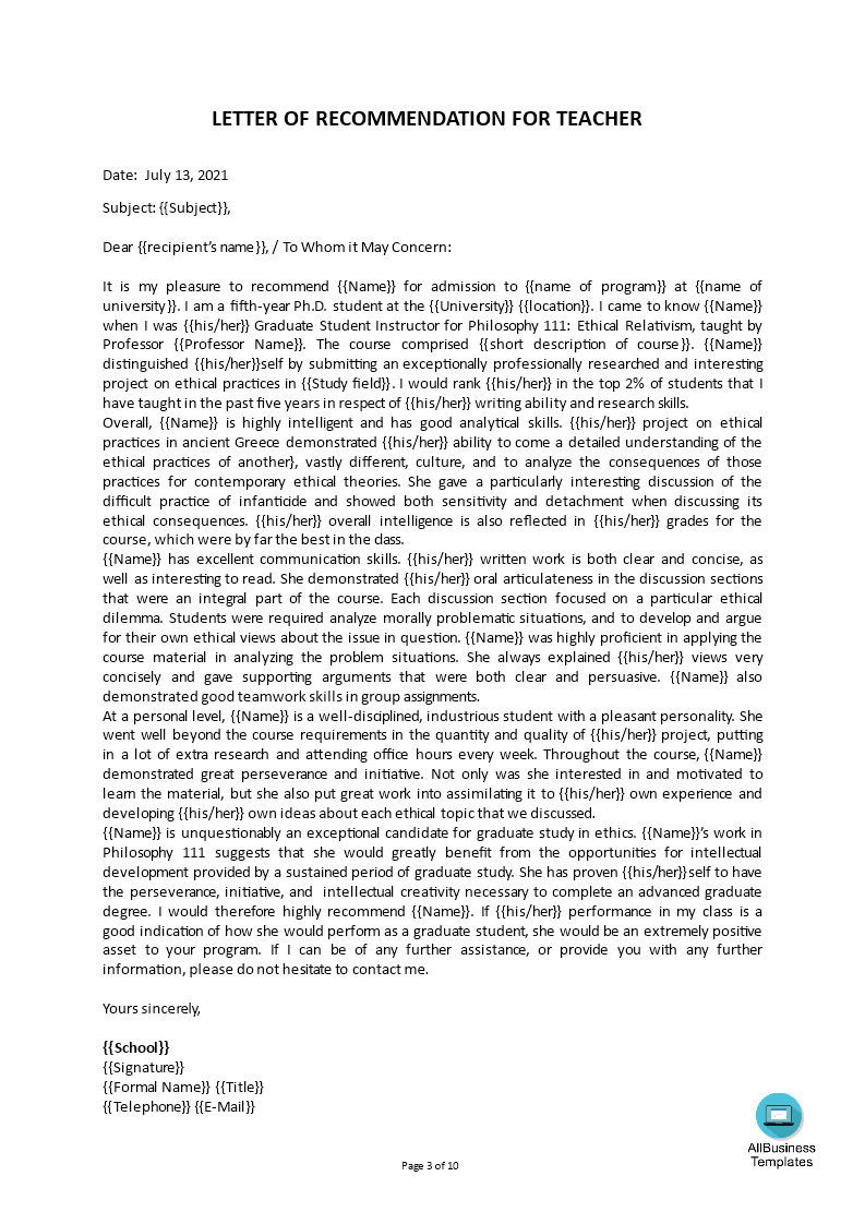 Teacher Recommendation Letter template | Templates at ...