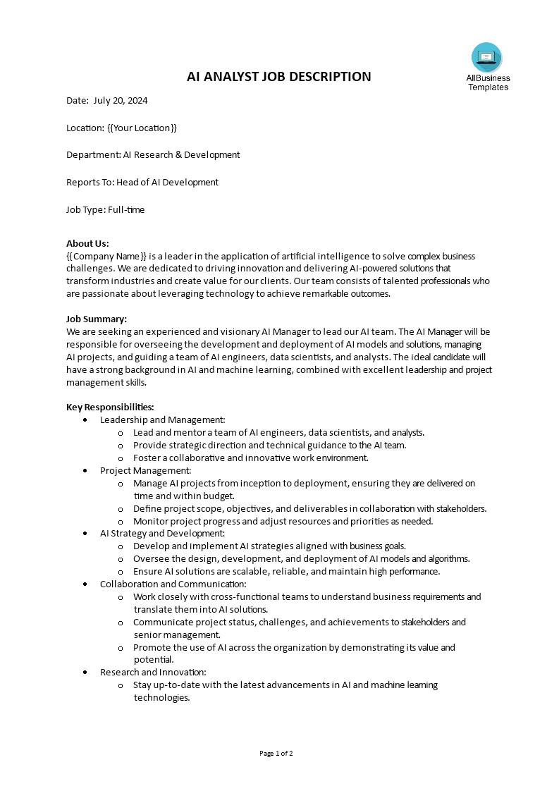 Télécharger Gratuit AI Manager Job Description