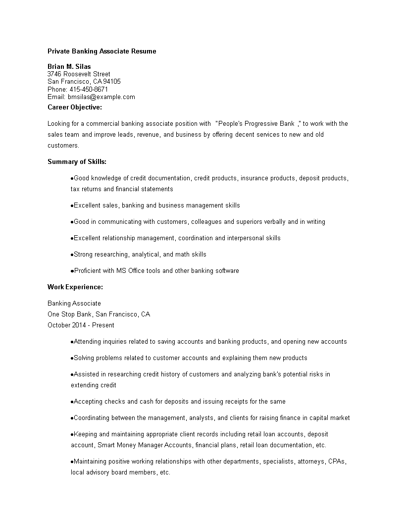 Private Banking Associate Resume | Templates at allbusinesstemplates.com