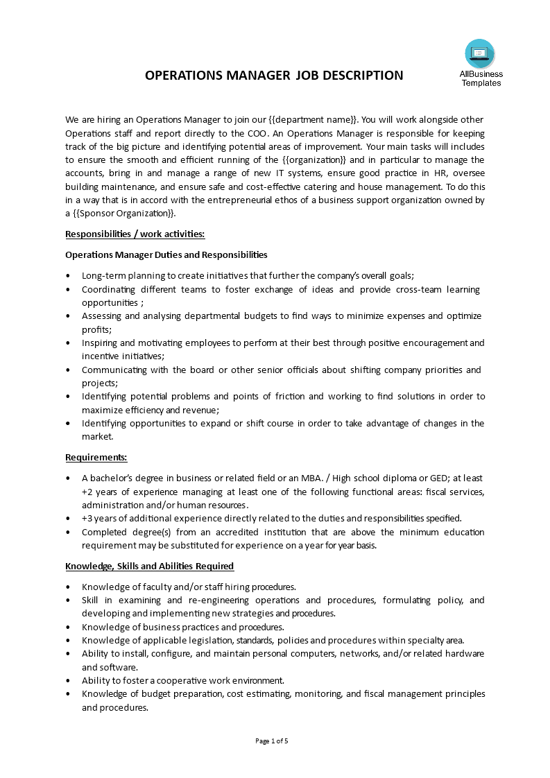 Operations Manager Job Description | Templates at allbusinesstemplates.com