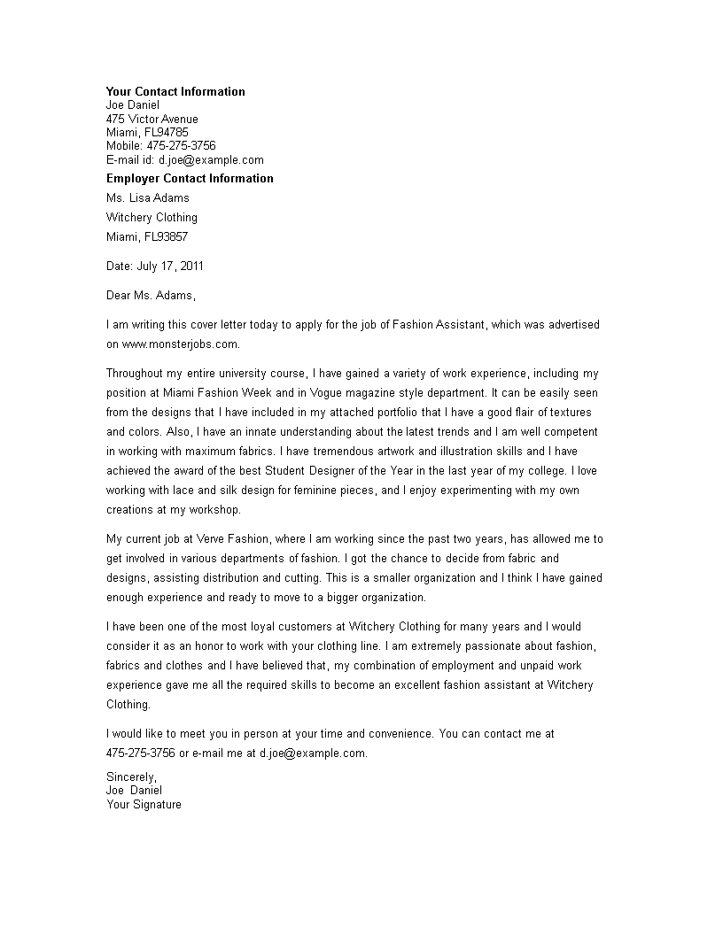 免费 Executive Fashion Assistant Cover Letter | 样本文件在 ... 免费 Executive Fashion Assistant Cover Letter | 样本文件在 ...