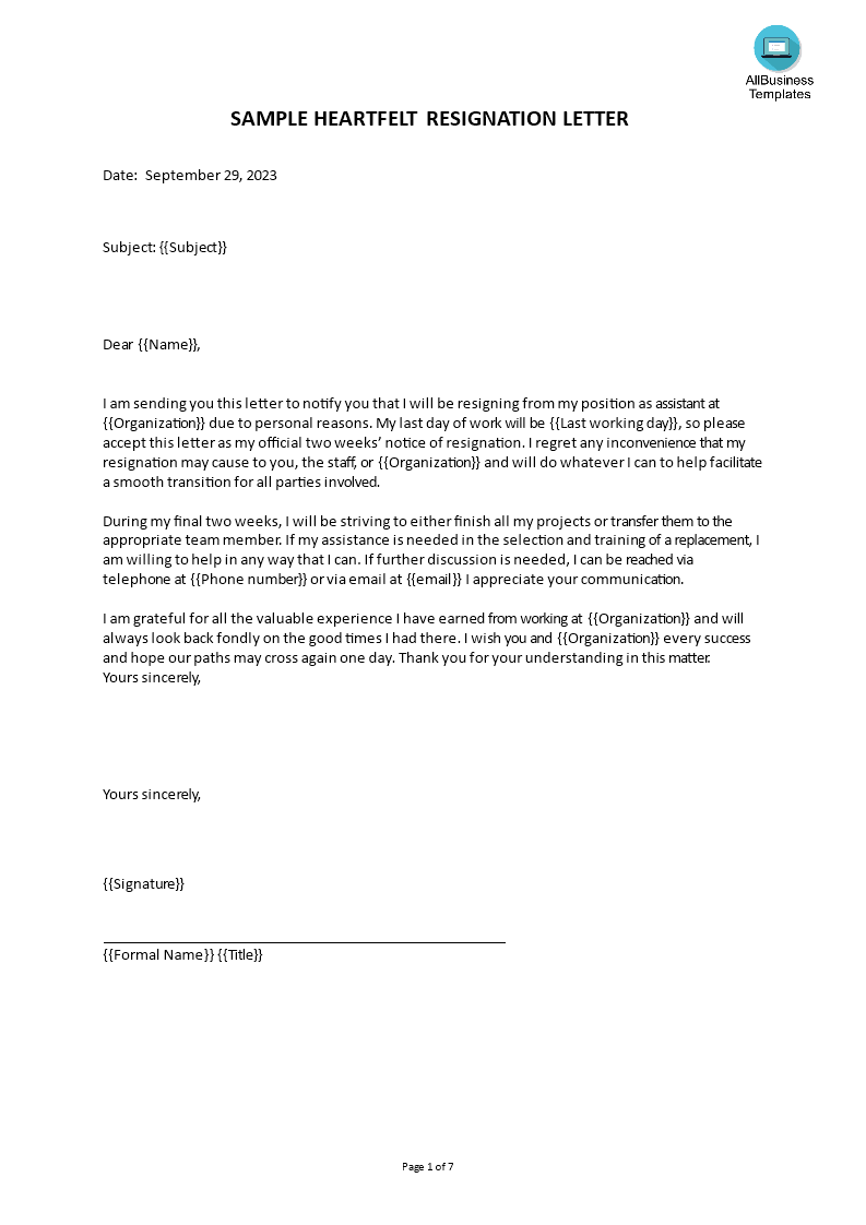 Heartfelt Resignation Letter | Templates at allbusinesstemplates.com