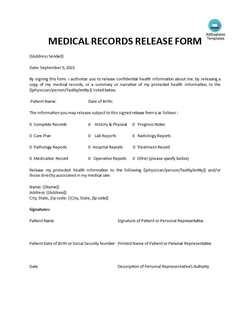 Medical Records Release Form sample | Templates at allbusinesstemplates.com