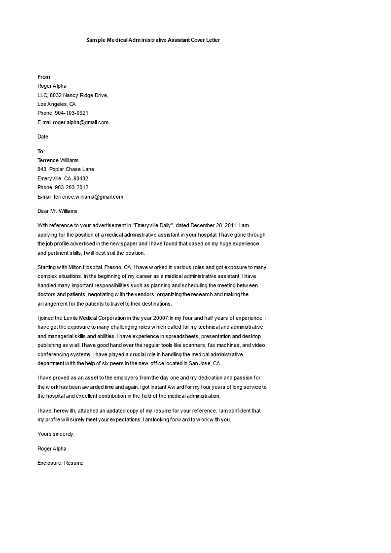 Cover Letter For Medical Administrative Assistant Templates At 