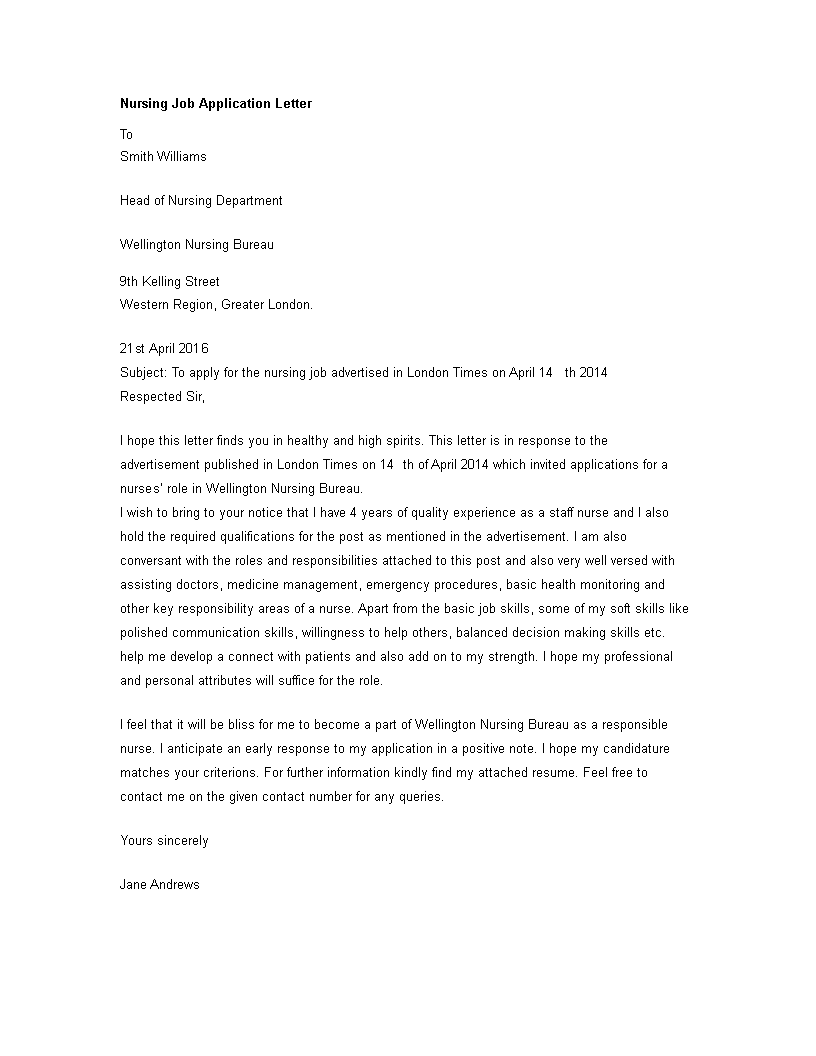  Nursing Job Application Letter Sample Allbusinesstemplates