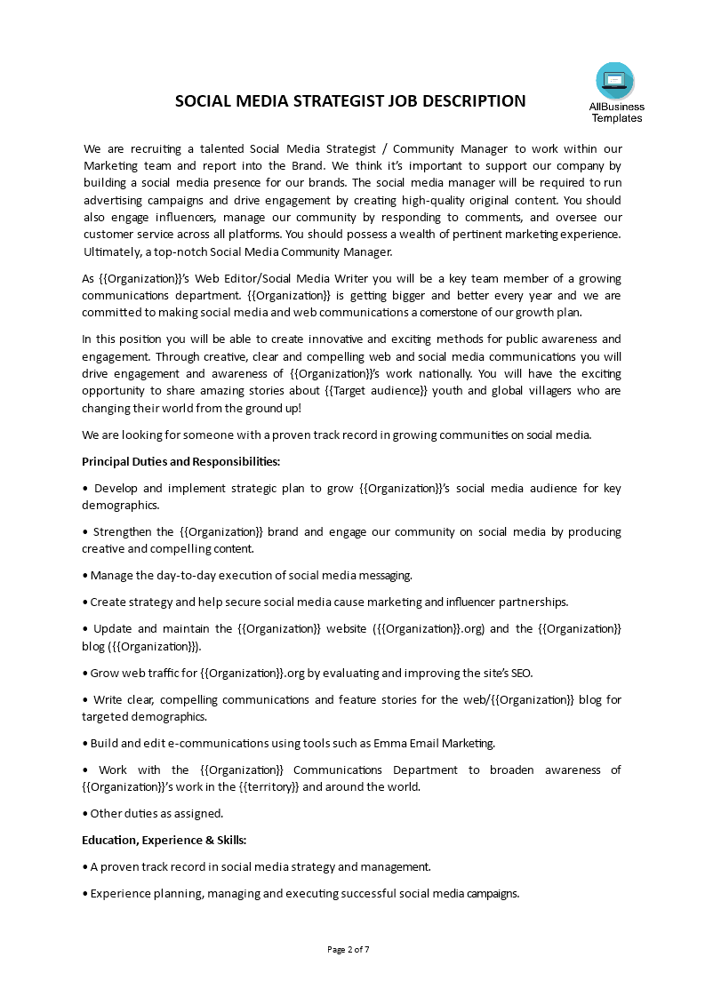 Social Media Strategist Job Description | Templates at ...