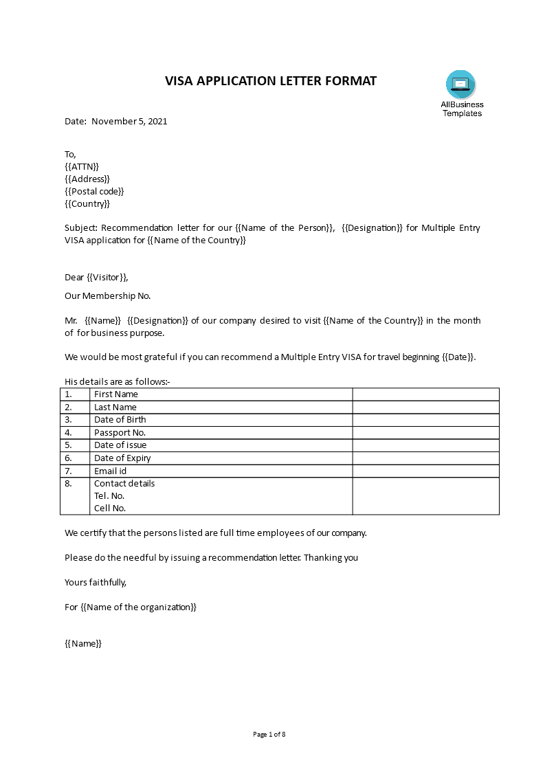 Visa Application Letter Format | Templates at allbusinesstemplates.com