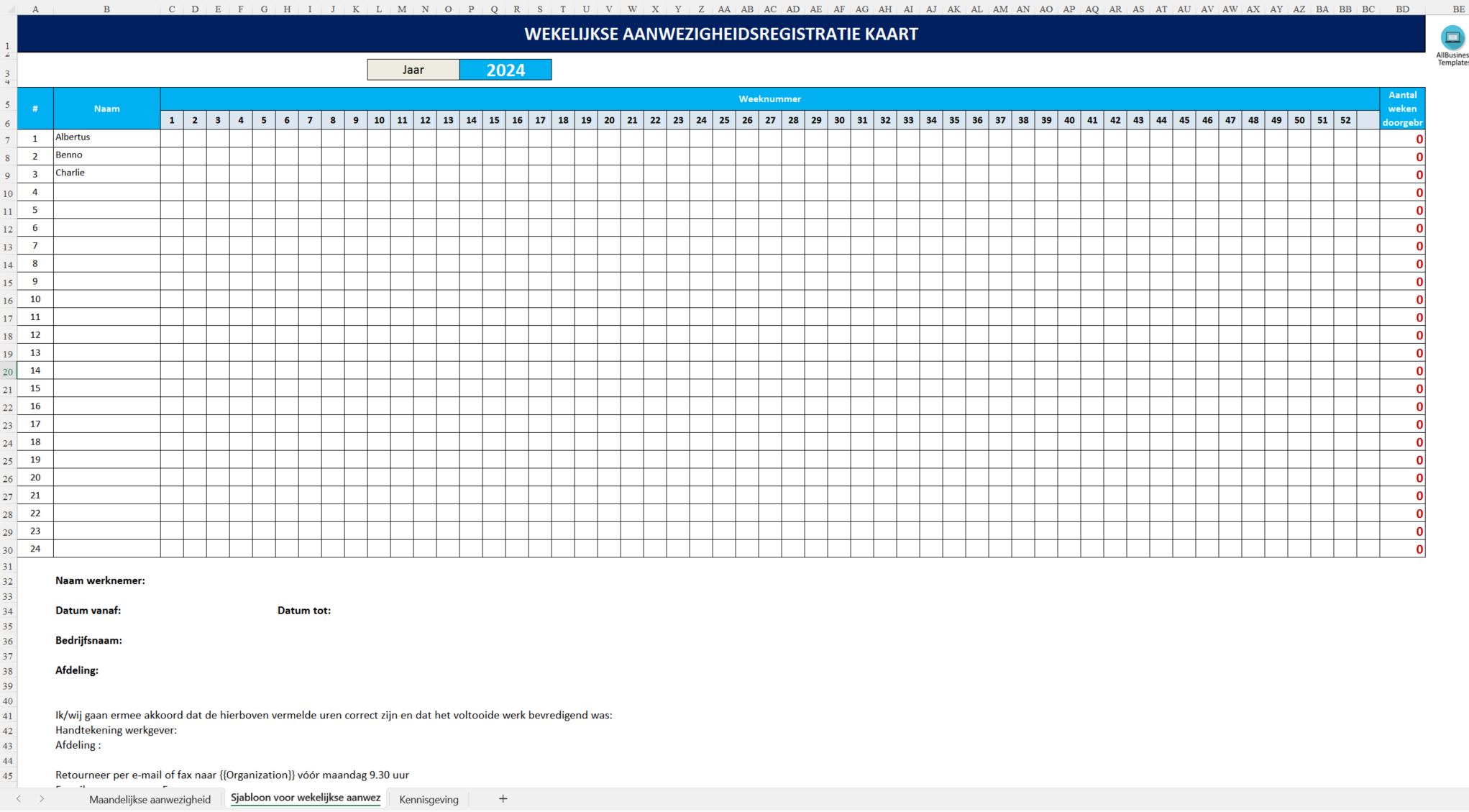 Wekelijkse Aanwezigheids registratieformulier | Templates at ...