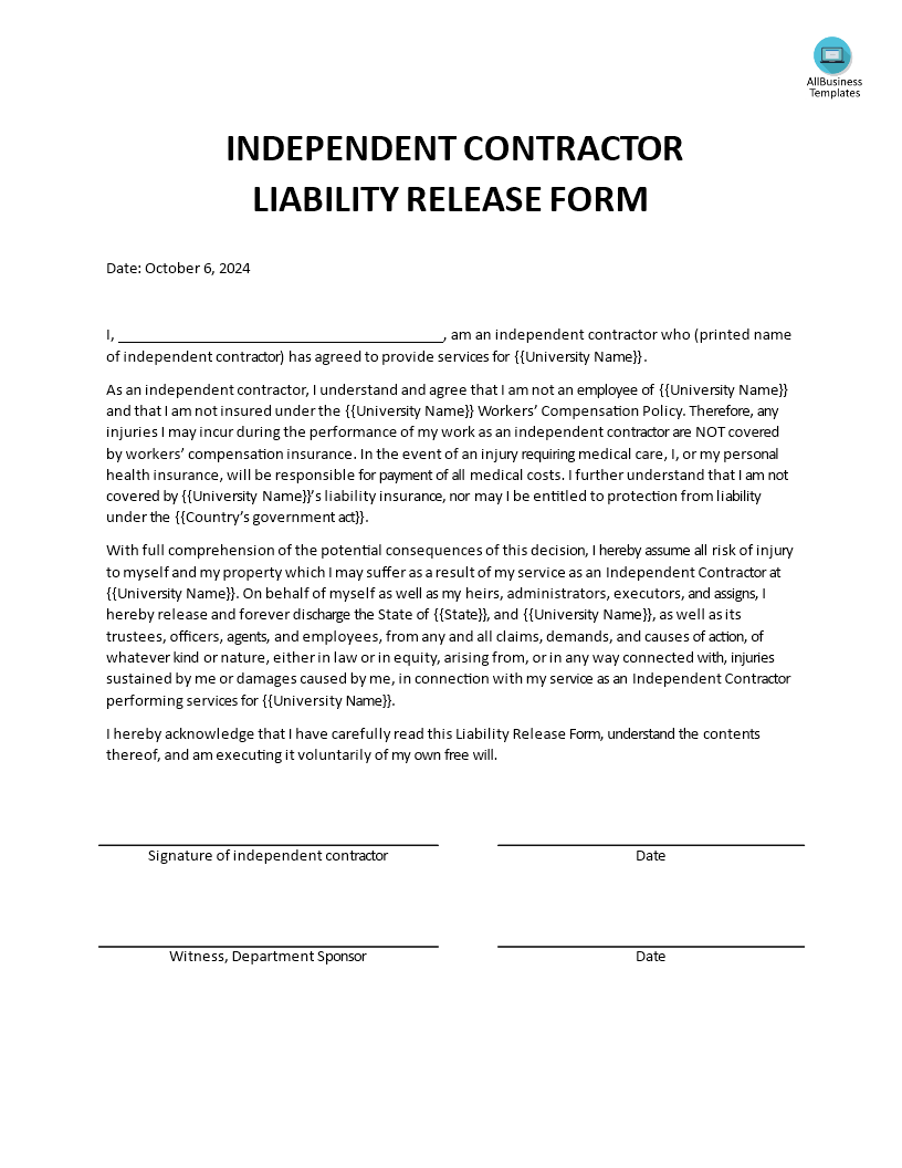 Independent Contractor Release Of Liability Form | Templates at ...