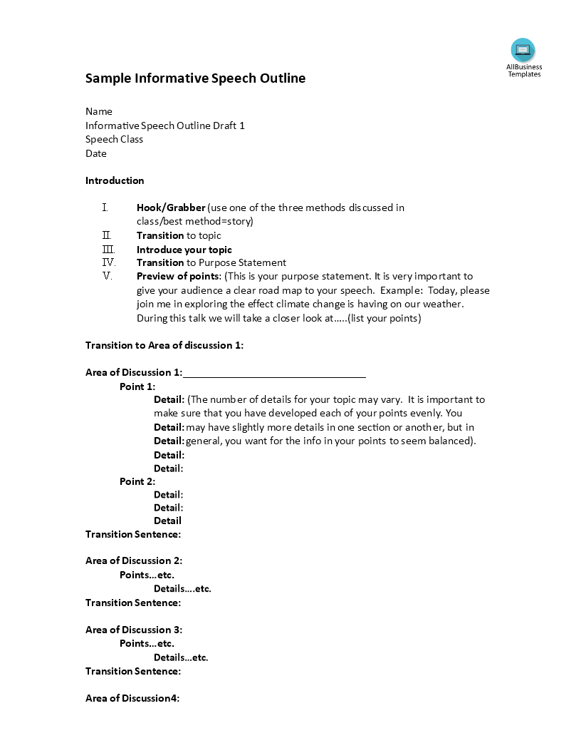 Sample Informative Speech Outline | Templates at allbusinesstemplates.com