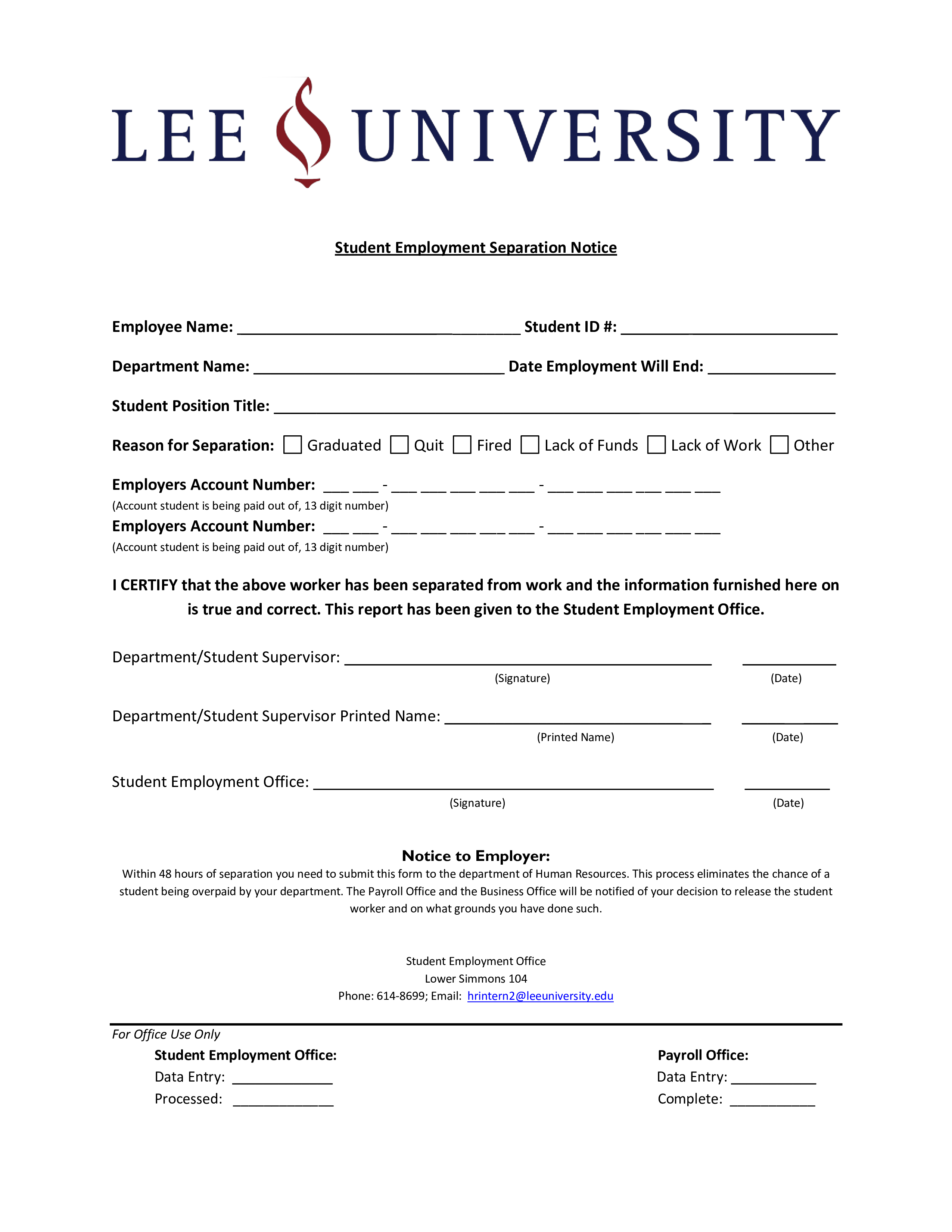 Student Employment Separation Notice Templates At