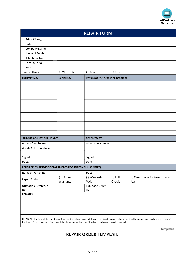 Repair Order | Templates at allbusinesstemplates.com