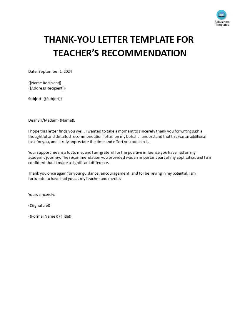 Thank You Letter To Teacher For Letter Of Recommendation | Templates at ...