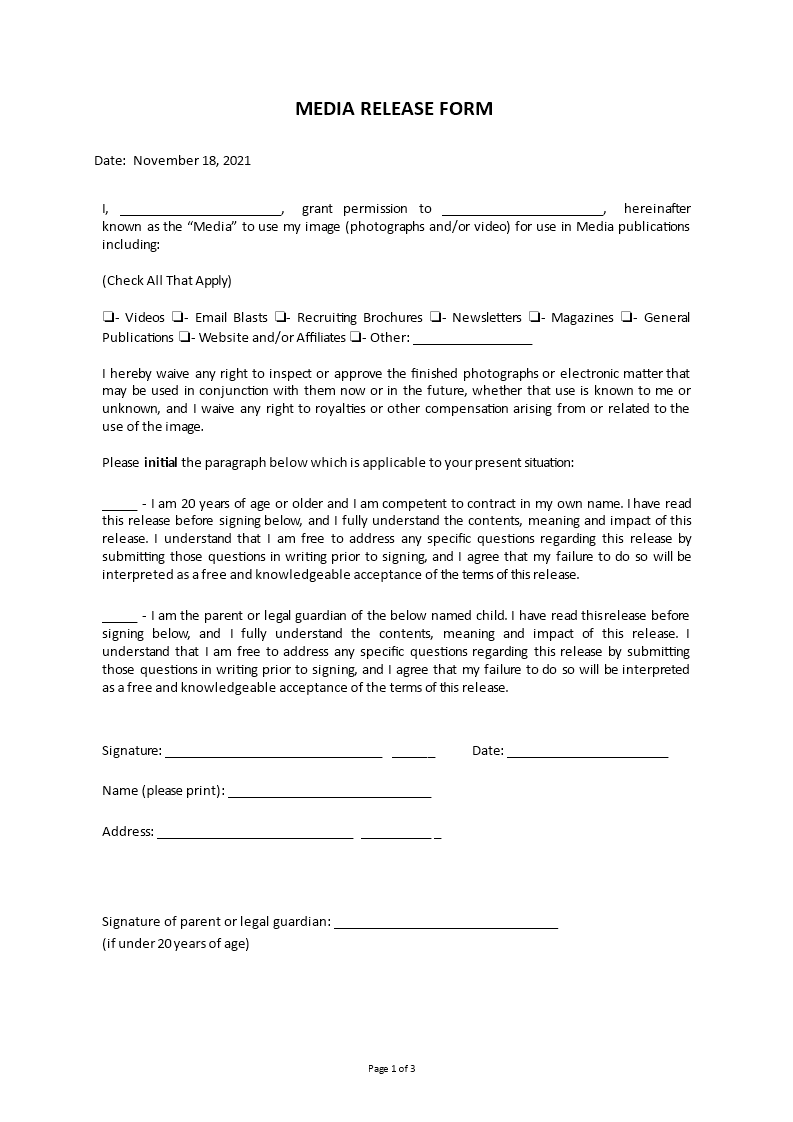 Media Release Form | Templates at allbusinesstemplates.com