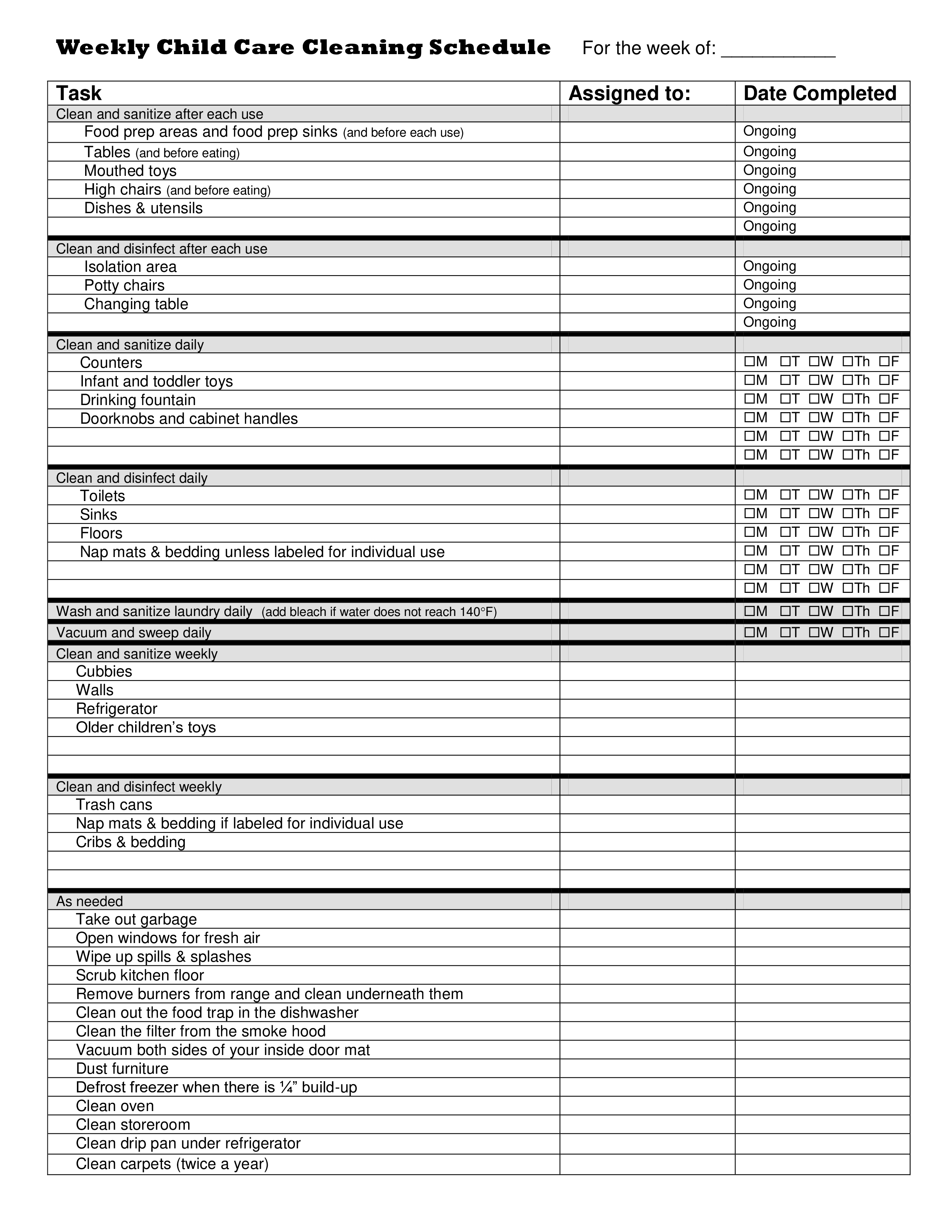 Weekly Child Care Cleaning Schedule Templates At Allbusinesstemplates