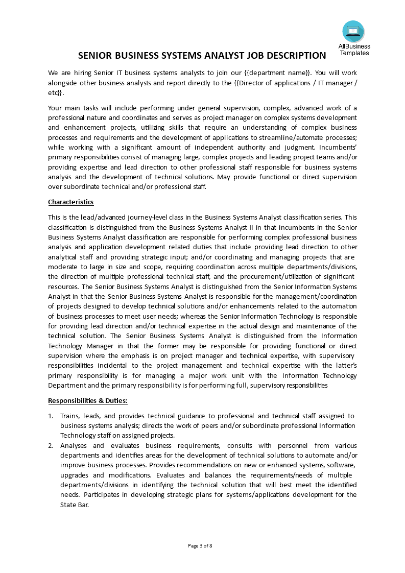 Senior Business System Analyst Job Description | Templates at ...