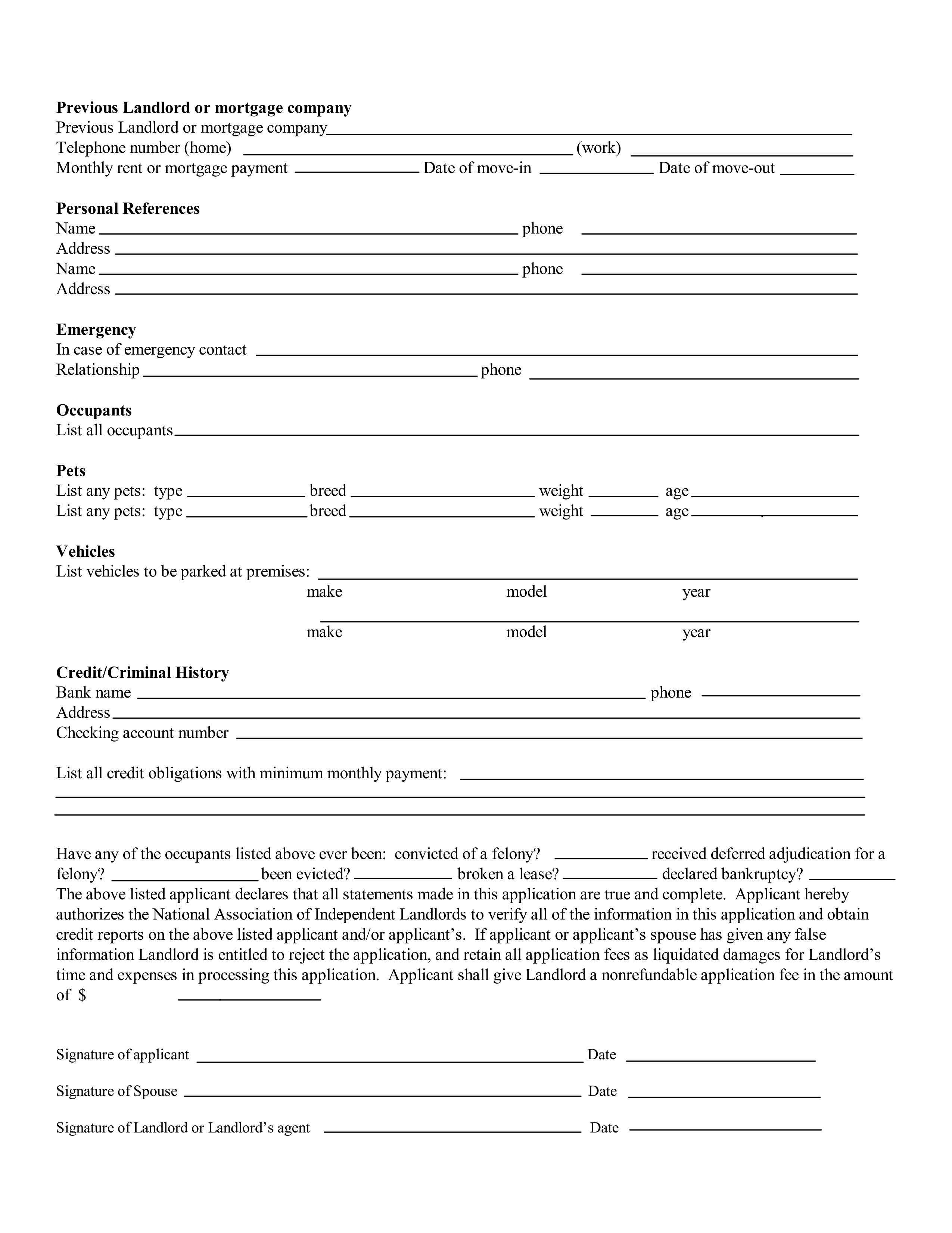 Standard Rental Application Form | Templates at allbusinesstemplates.com
