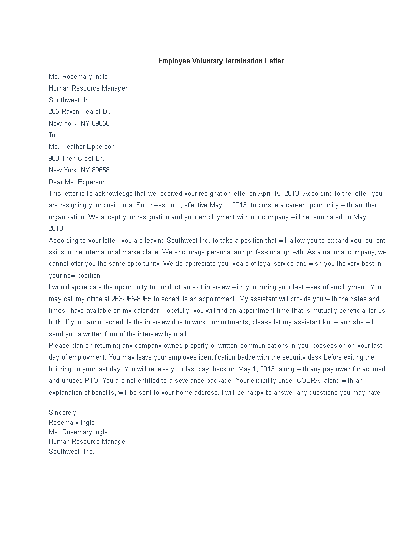 Employee Voluntary Termination Letter Templates At 