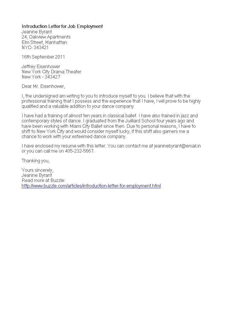 Letter Of Introduction For Employment Job Templates At 