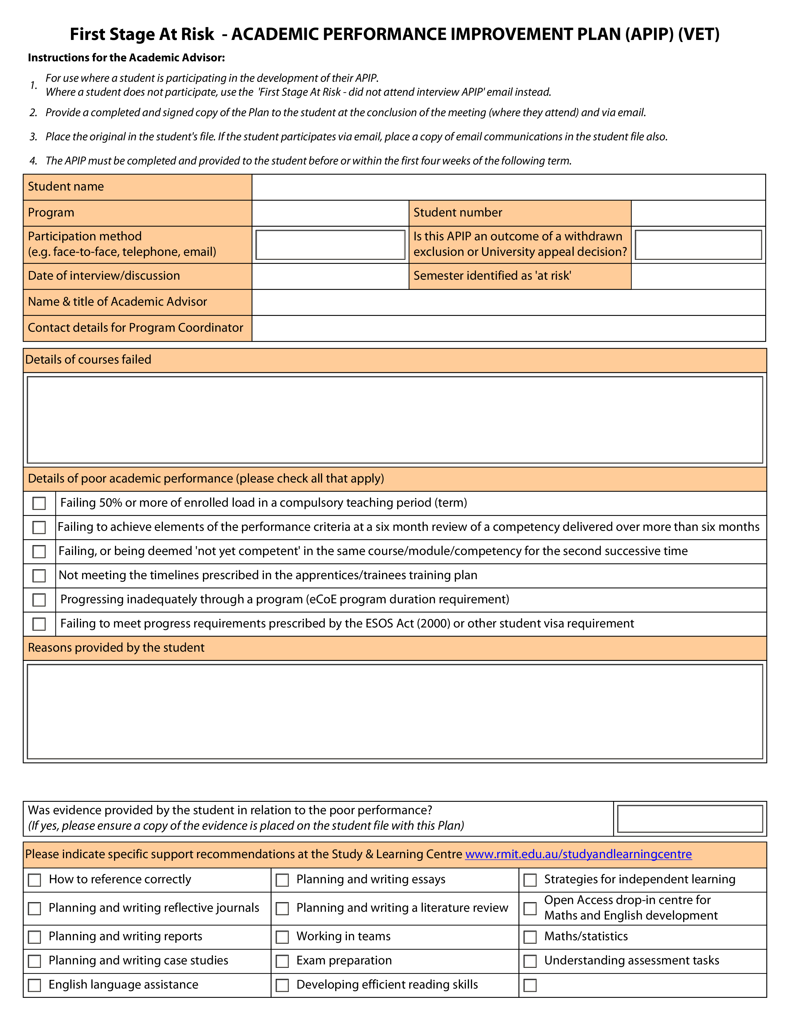 Academic Performance Improvement Plan Templates At