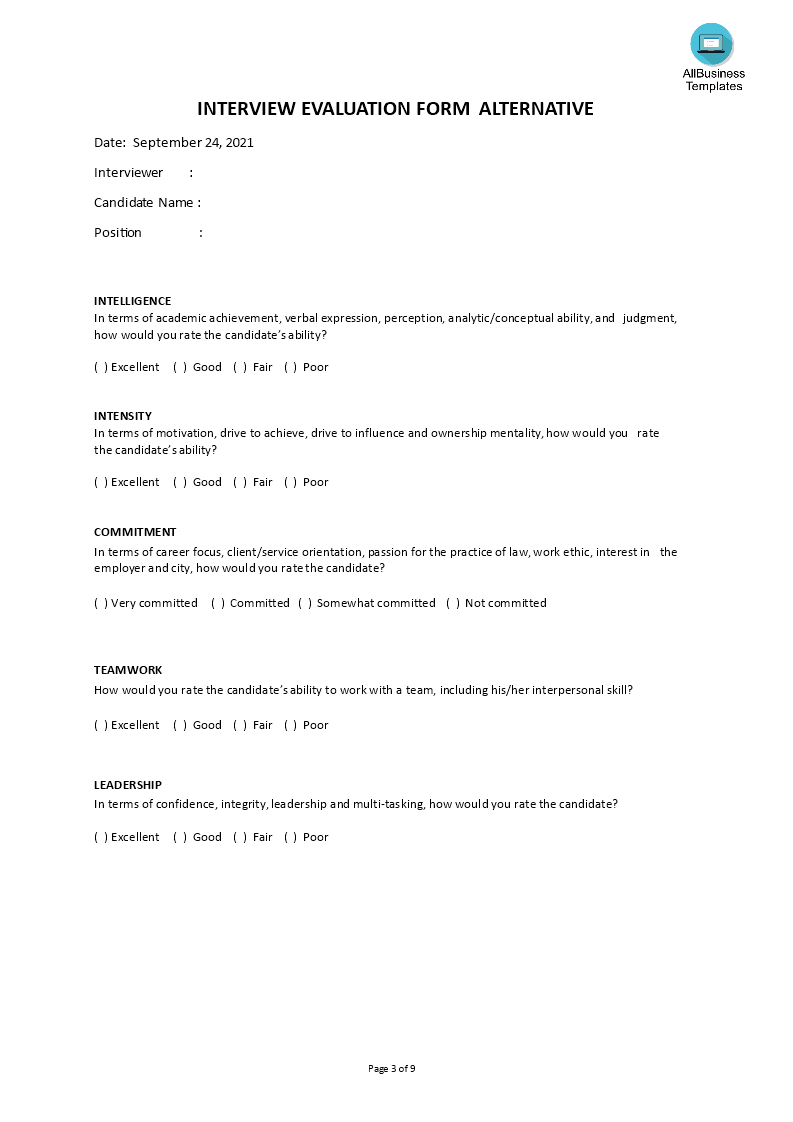 Prima Sample Interview Evaluation Form