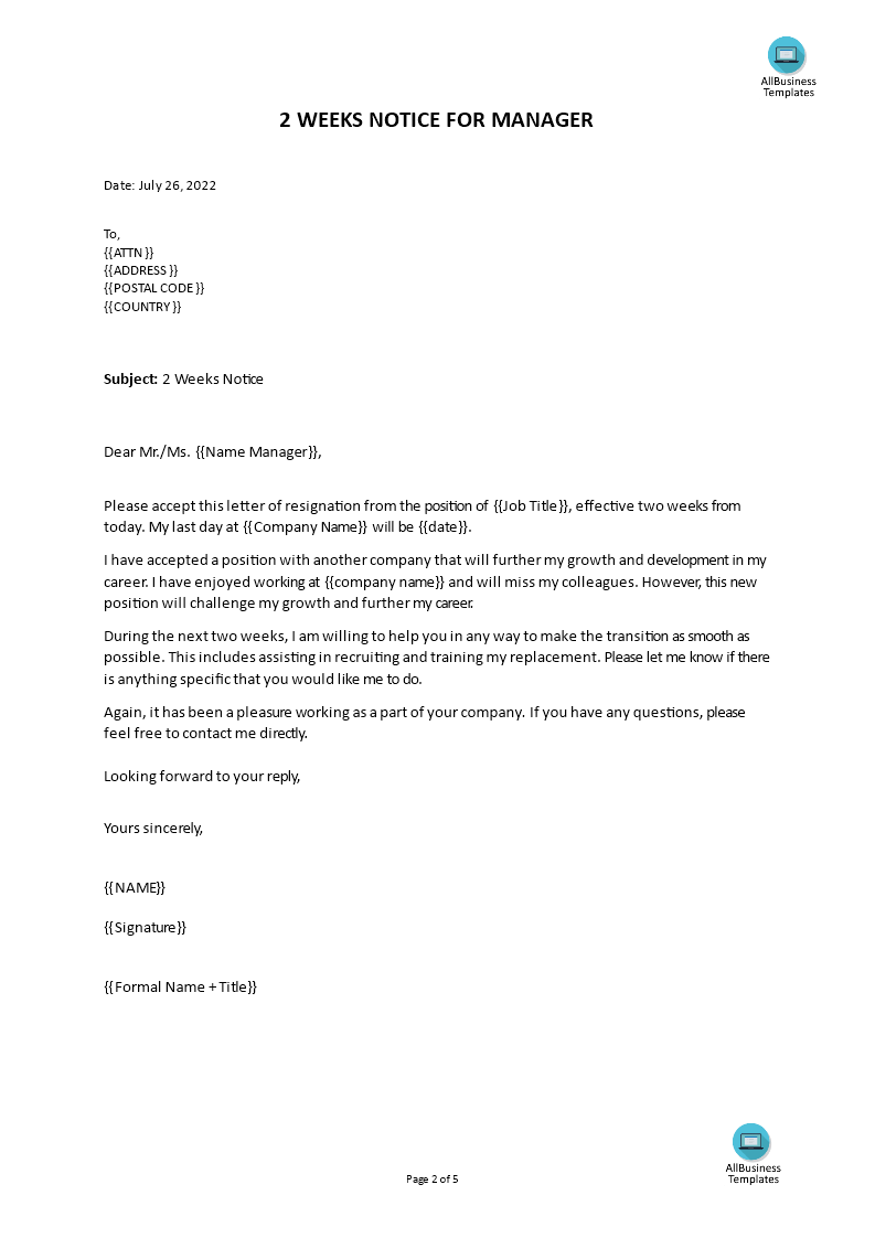 Formal Resignation Letter With 2 Weeks Notice | Templates at ...