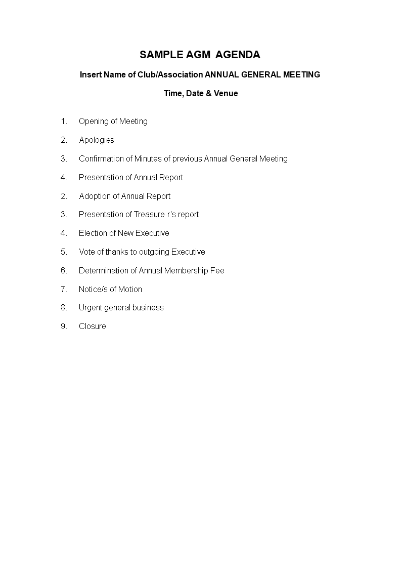 Annual General Meeting Agenda Templates At Allbusinesstemplates