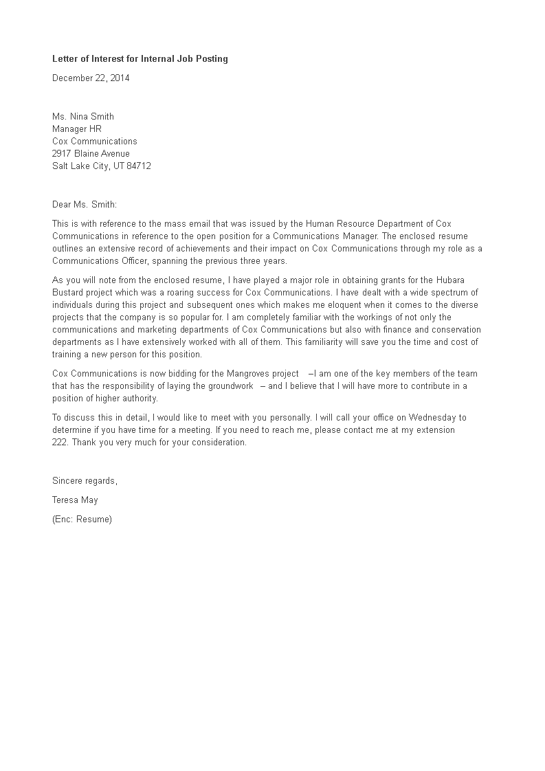 Letter Of Intent For Internal Job Posting Templates At 