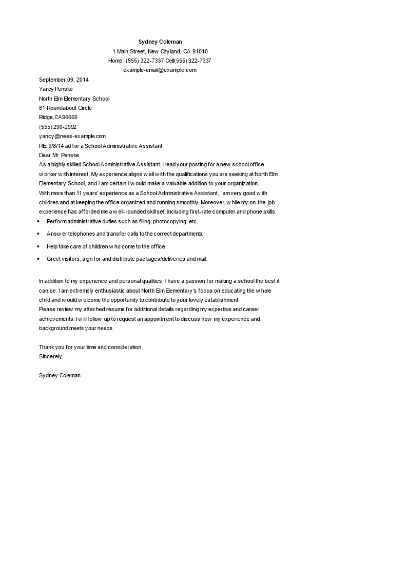 Cover Letter For School Administrative Assistant Templates At