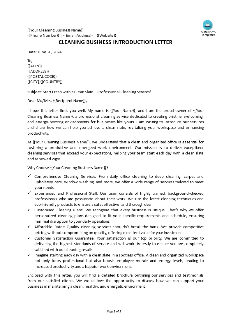 Gratis Cleaning Business Introduction Letters examples