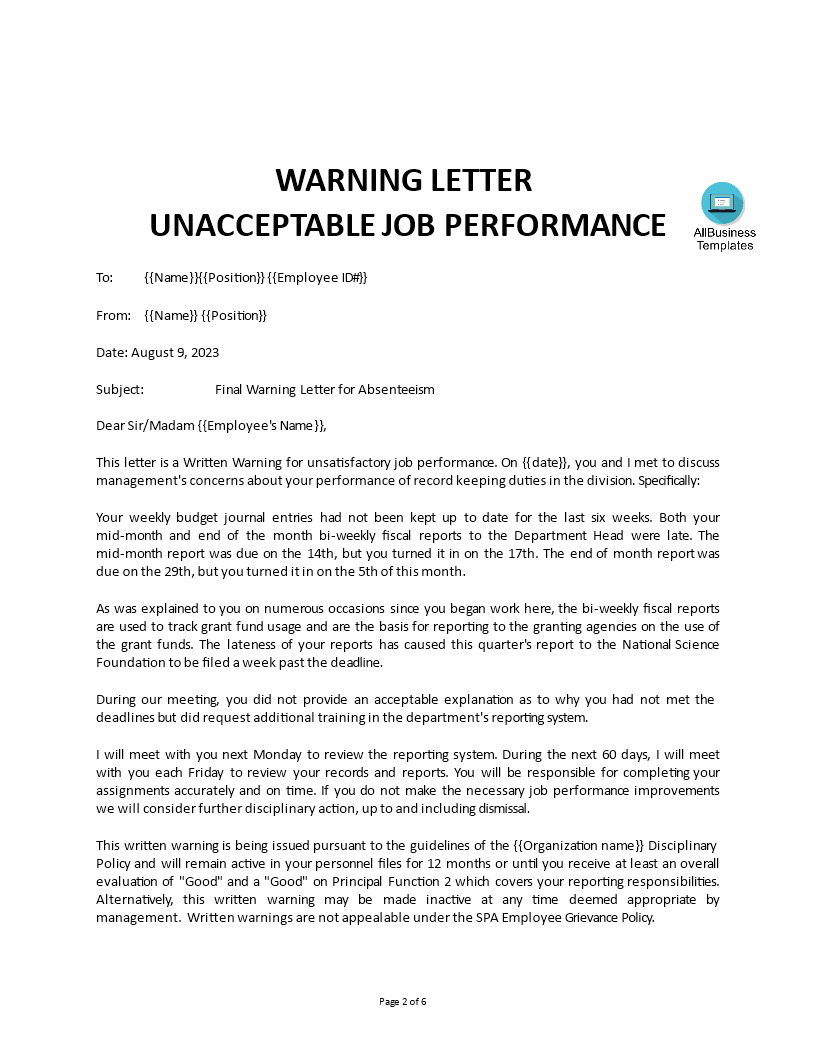 Poor Performance And Attendance Warning Letter | Templates at ...
