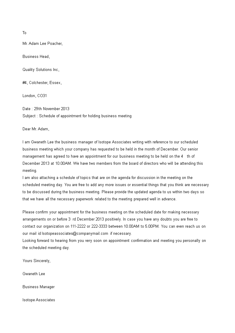  Letter To Schedule Business Meeting Allbusinesstemplates