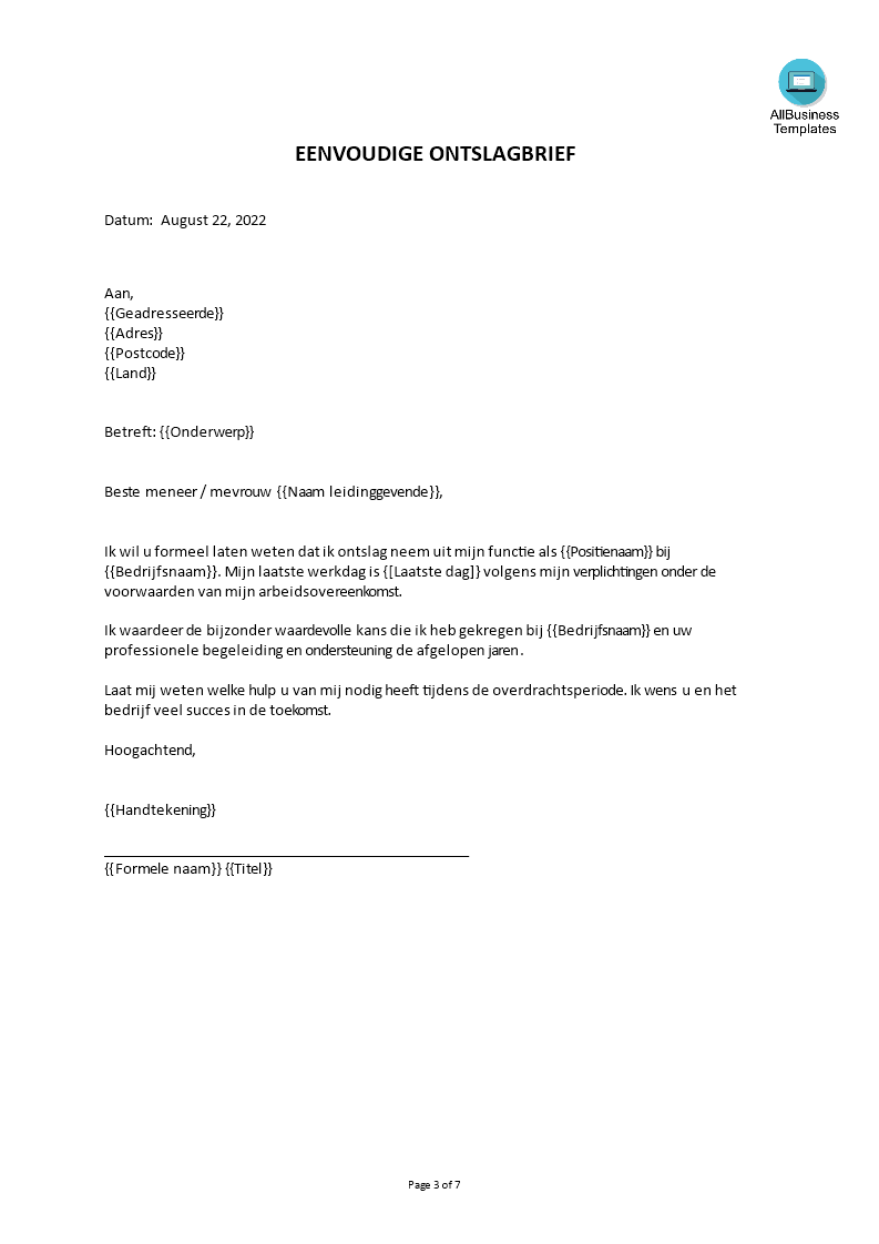 Kostenloses Eenvoudige Ontslagbrief Persoonlijke Redenen