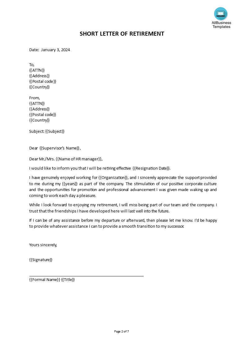 Simple Short Retirement Letter | Templates at allbusinesstemplates.com