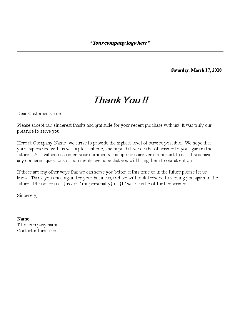  Recent Purchase Thank You Letter Allbusinesstemplates