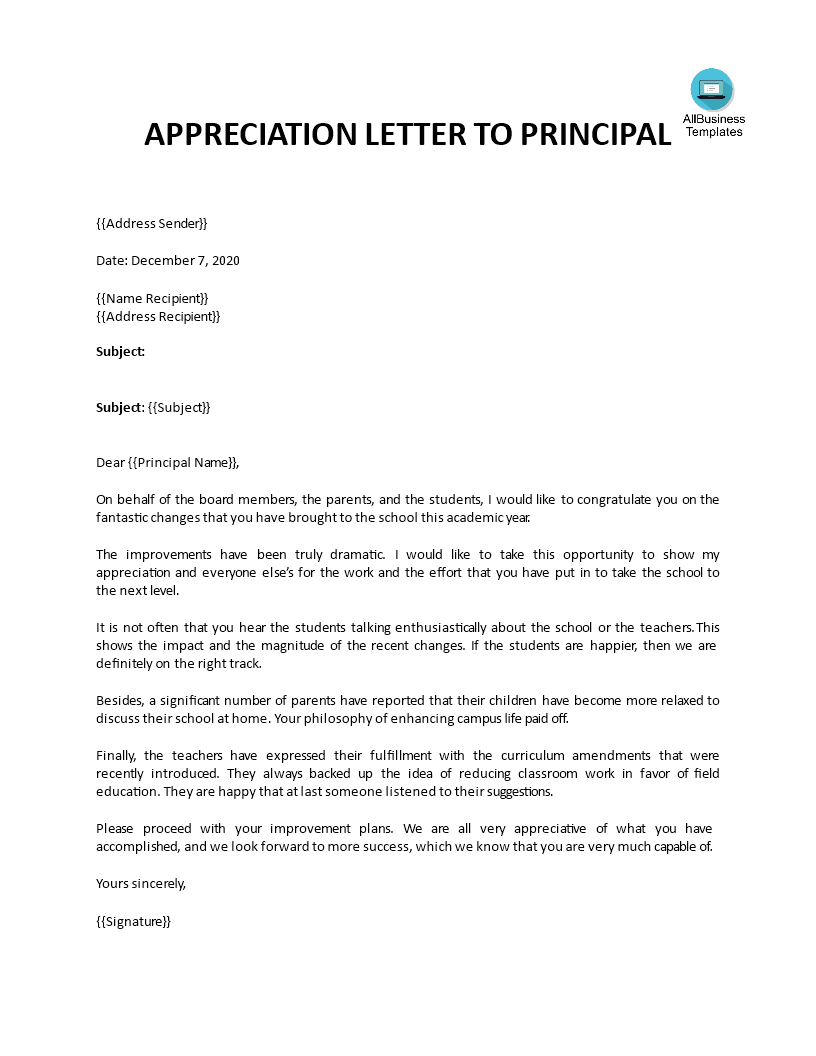 Student Appreciation Thank You Letter To Principal Nacionefimera