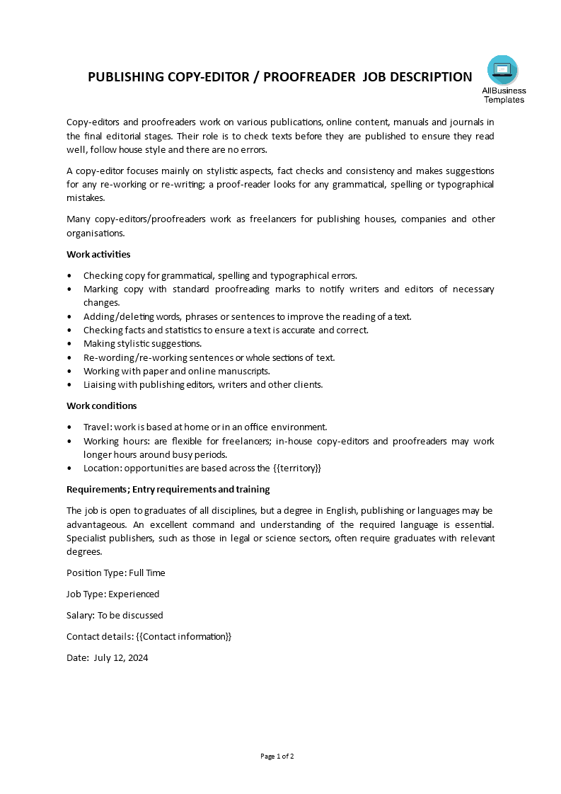 Proofreader Job Description | Templates at allbusinesstemplates.com