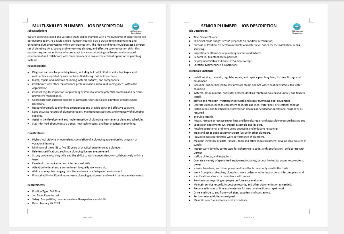 Senior Plumber Job Description | Templates at allbusinesstemplates.com