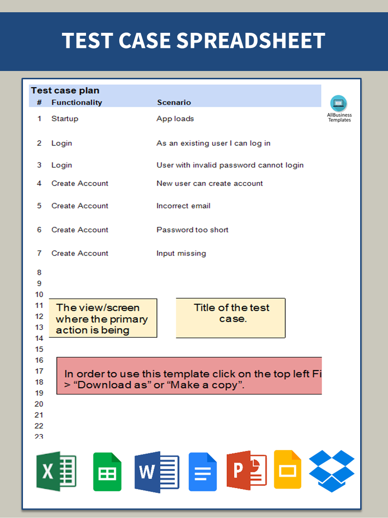 Kostenloses Test case Excel template