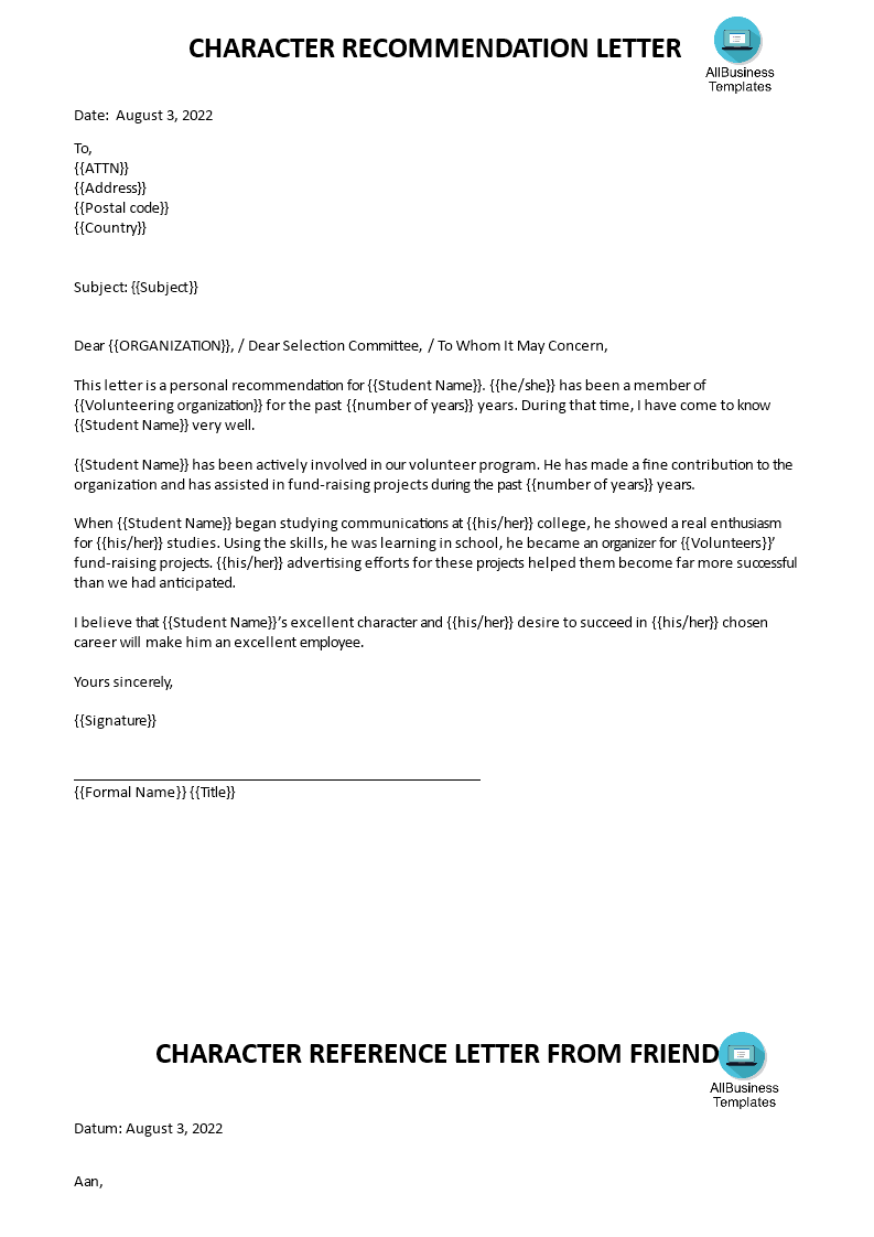 Kostenloses Character Reference Letter from Friend
