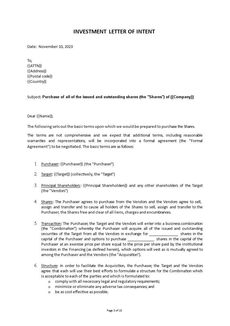 Letter of Intent to Purchase a Business | Templates at ...