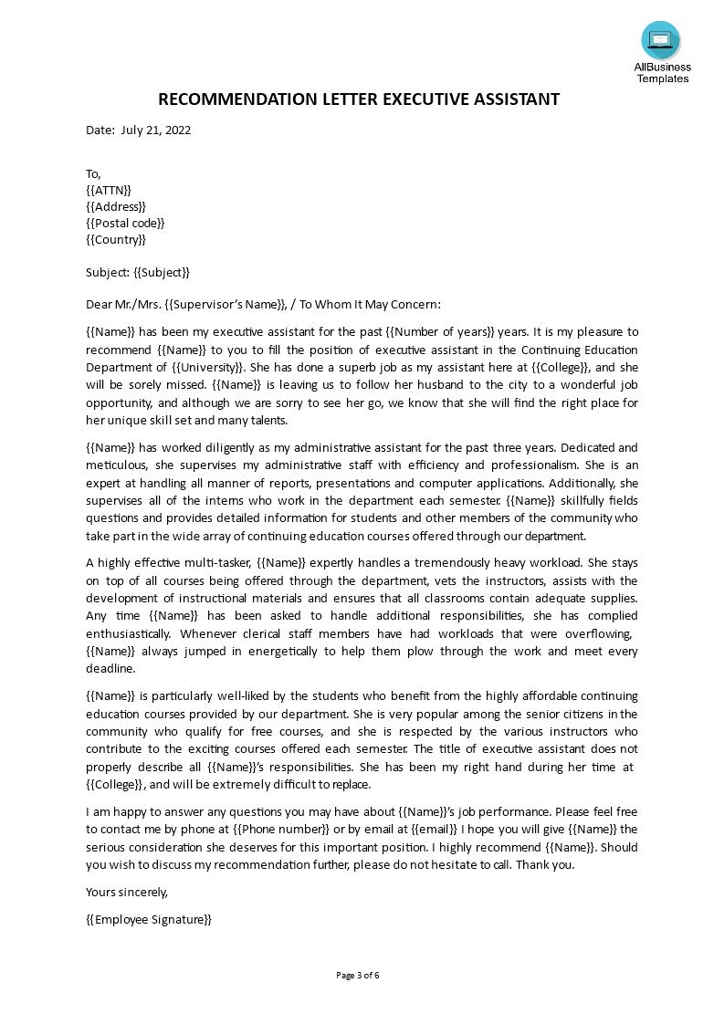 Kostenloses Sample Executive Assistant Recommendation Letter