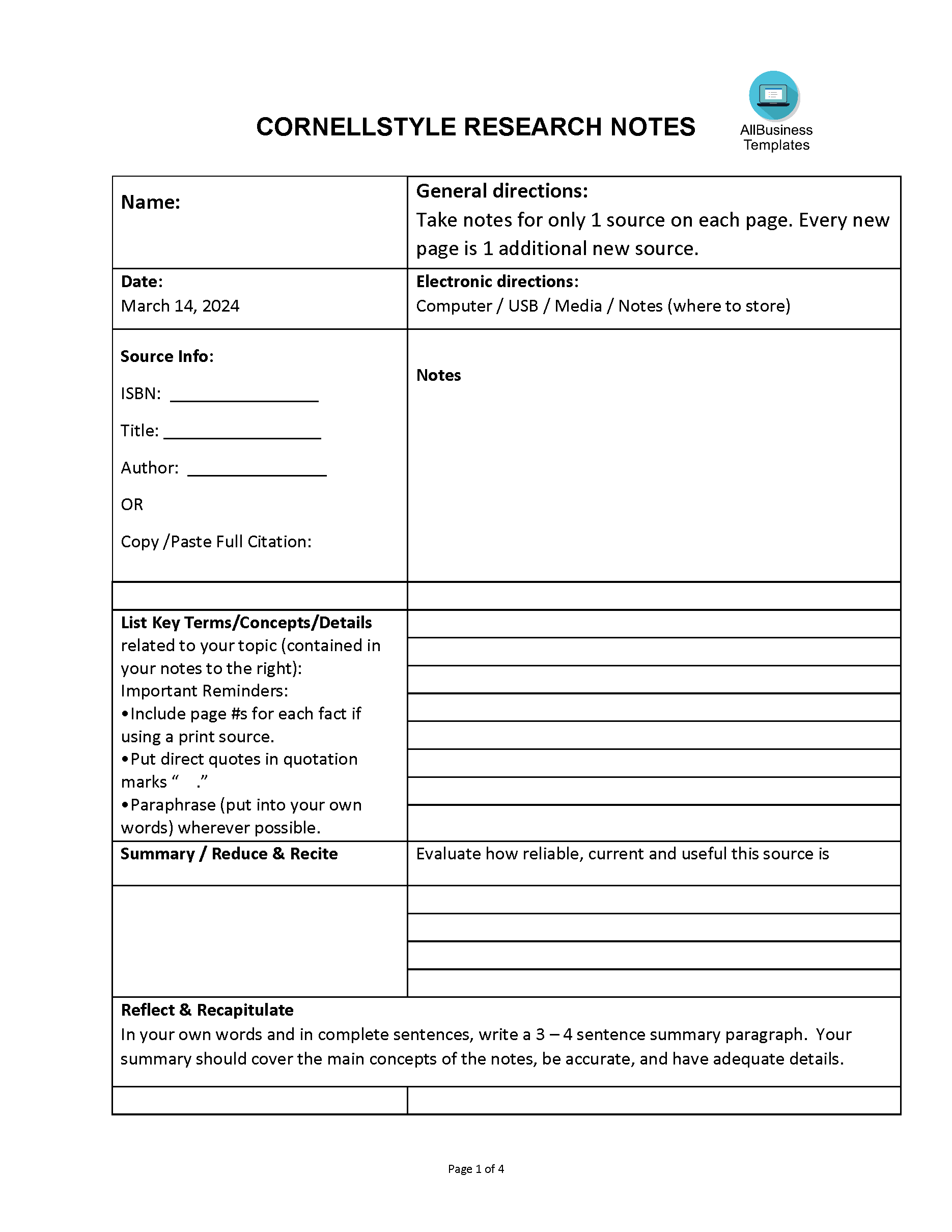 Cornell Style Notes Gratis