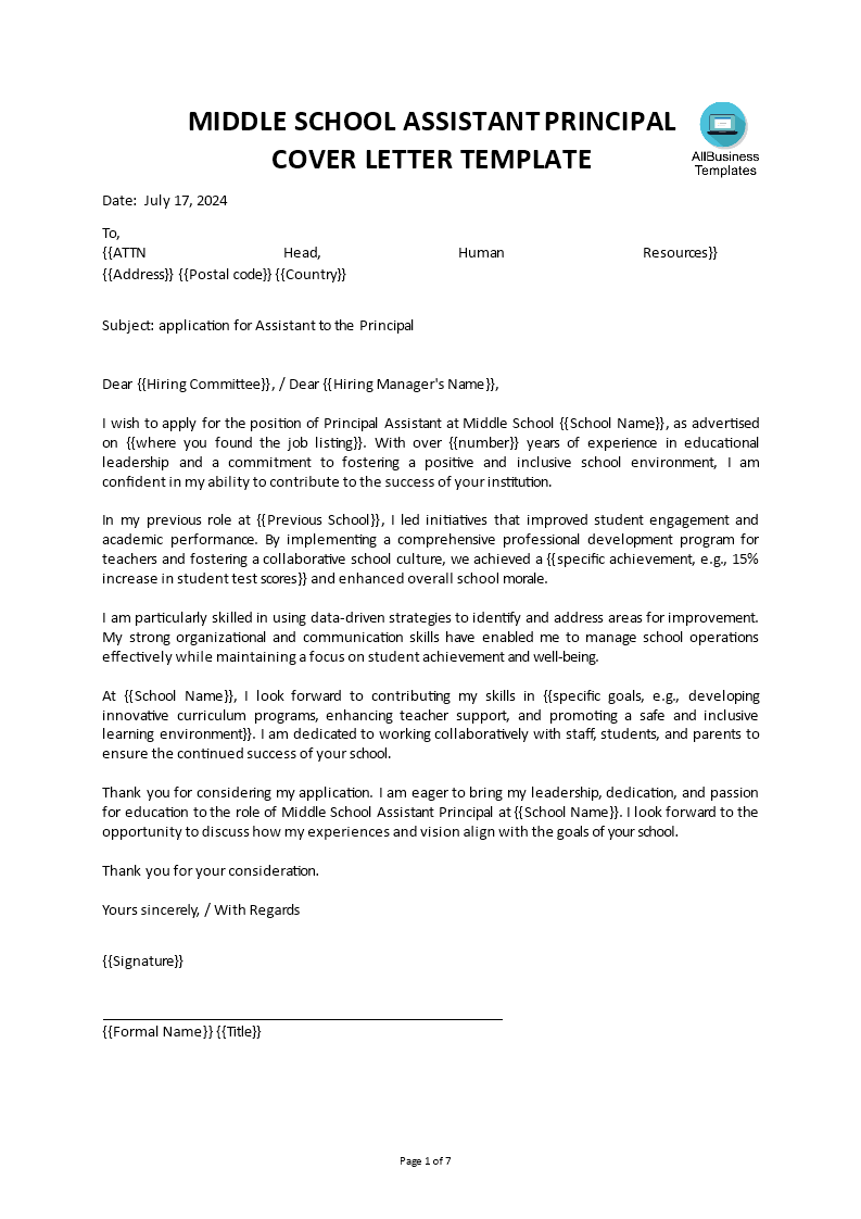 Middle School Assistant Principal Cover Letter | Templates at ...